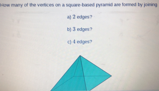 Solved: How many of the vertices on a square-based pyramid are formed by joining a) 2 edges? b ...