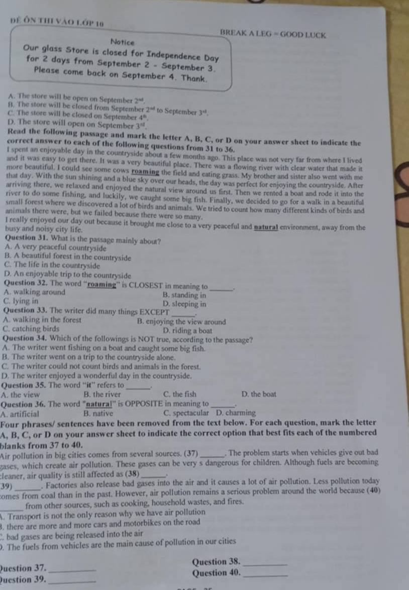 Giải quyết:để Ôn thi vào lớp 10 BREAK ALEG=GOODLUCK Notice Our glass ...