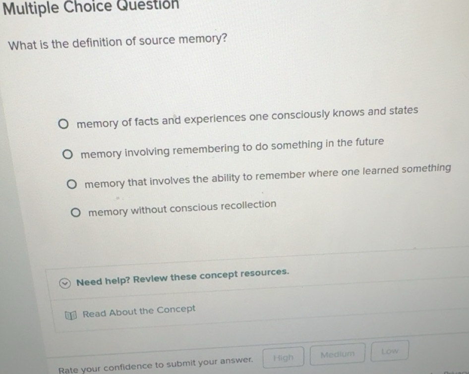 Solved: Questión What is the definition of source memory? memory of ...