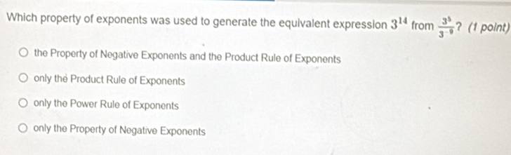 Solved: Which property of exponents was used to generate the equivalent ...