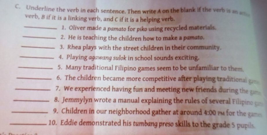 Solved: Underline the verb in each sentence, Then write A on the blank ...