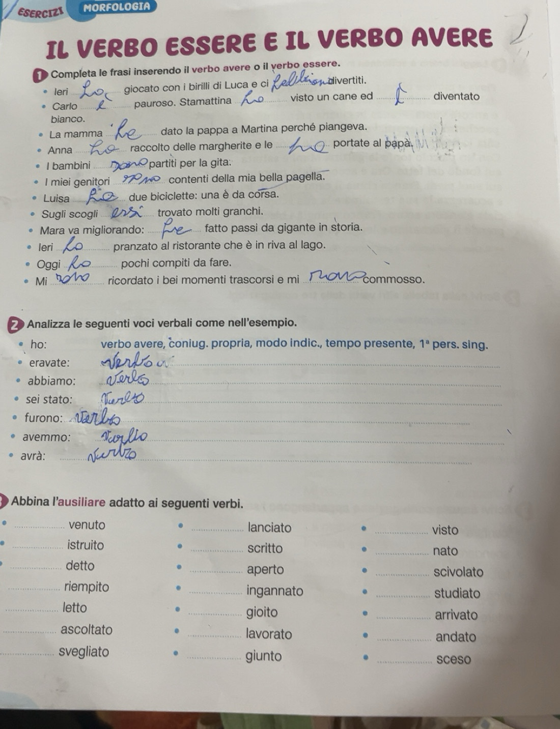 Risolto:ESERCIZI MORFOLOGIA IL VERBO ESSERE E IL VERBO AVERE Completa ...