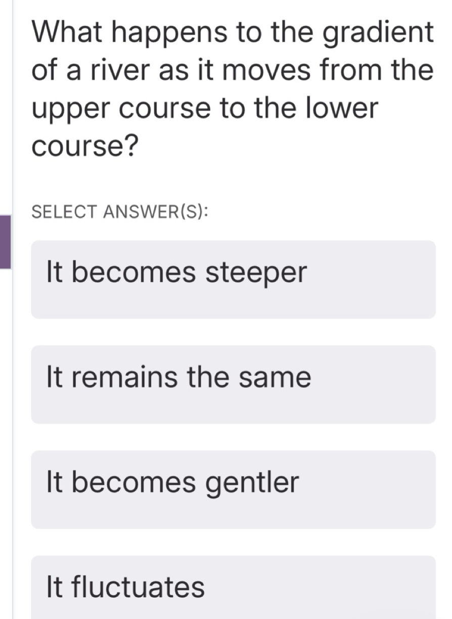 Solved: What happens to the gradient of a river as it moves from the ...