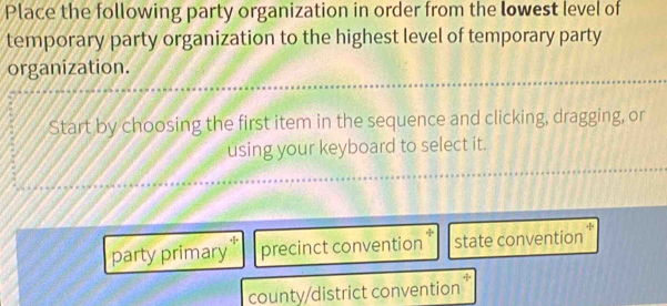 Solved: Place the following party organization in order from the lowest ...
