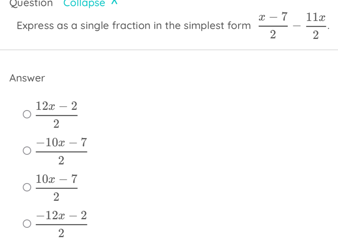 Solved: Question Collapse^(Express as a single fraction in the simplest ...