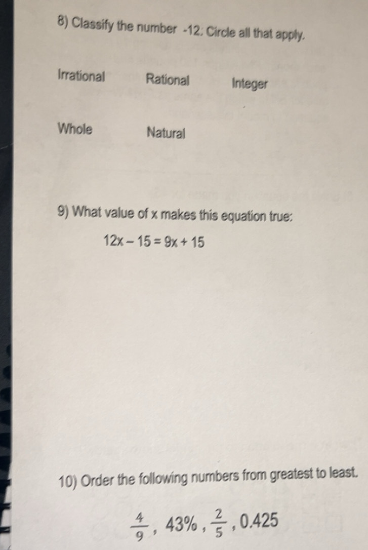 Solved: Classify the number -12; Circle all that apply. Irrational ...