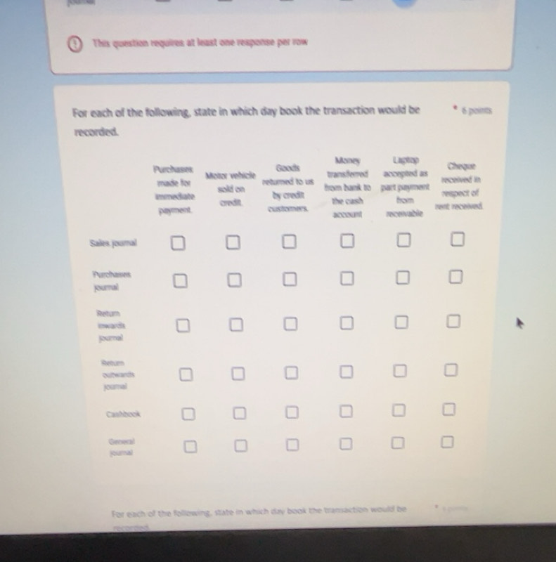 Résolu :This question requires at least one response per row For each ...
