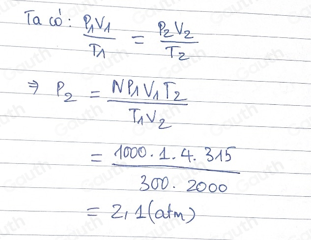 Giải quyết:Pit tông của một máy nén, sau mỗi lần nén đưa được 4 lít khí ở nhiệt độ 27°C và áp suất 1