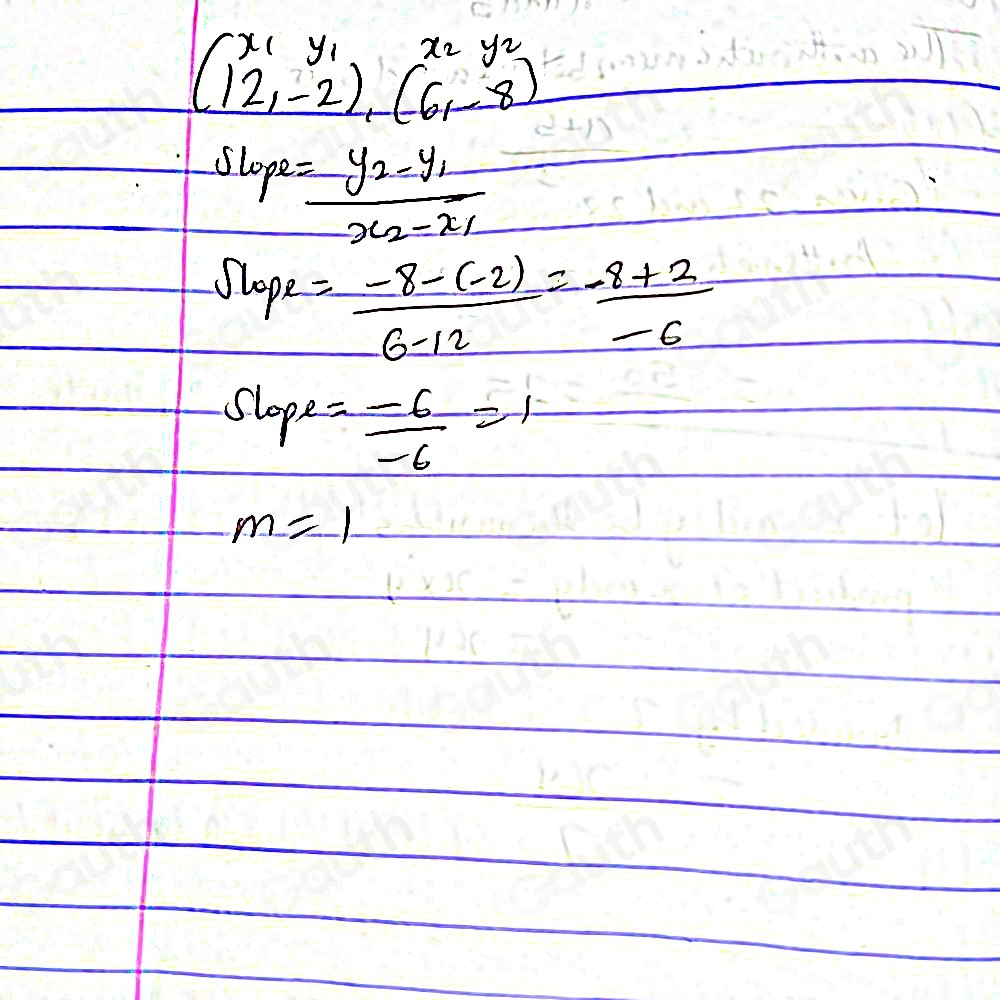 Solved: A line intersects the points (12,-2) and (6,-8). What is the ...