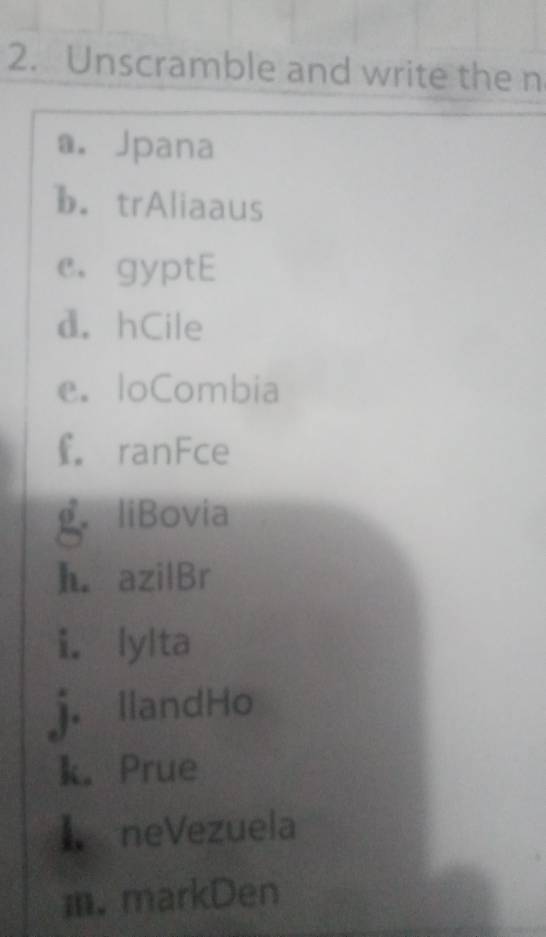 Resuelto:Unscramble and write the n a. Jpana b. trAliaaus e. gyptE d ...