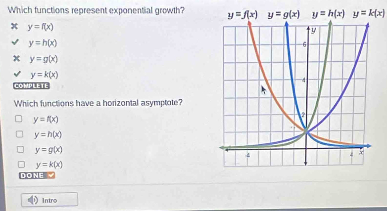 Solved: Which functions represent exponential growth? y=f(x)y=g(x) y=h(x) y=k(x) x y=f(x) y=h(x ...