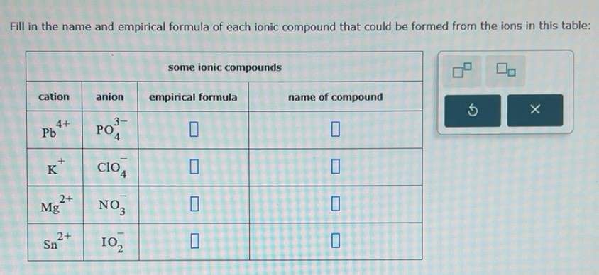 Gelöst:Fill in the name and empirical formula of each ionic compound ...