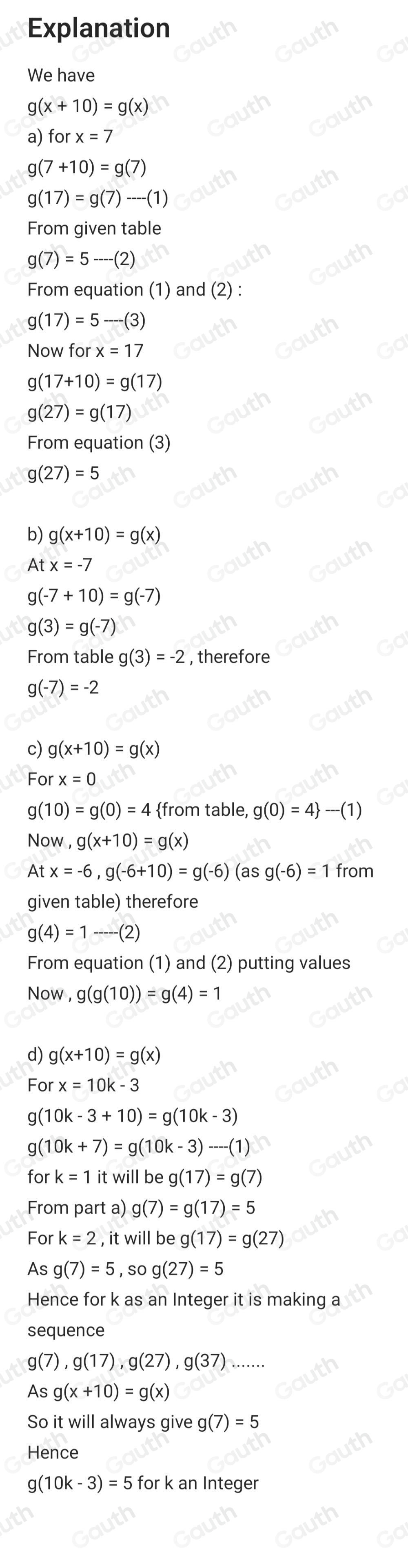 Solved: The graph of g is periodic where g(x+10)=g(x). Values of g are ...