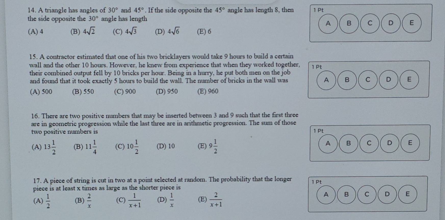 Solved: A triangle has angles of 30° and 45°. If the side opposite the ...