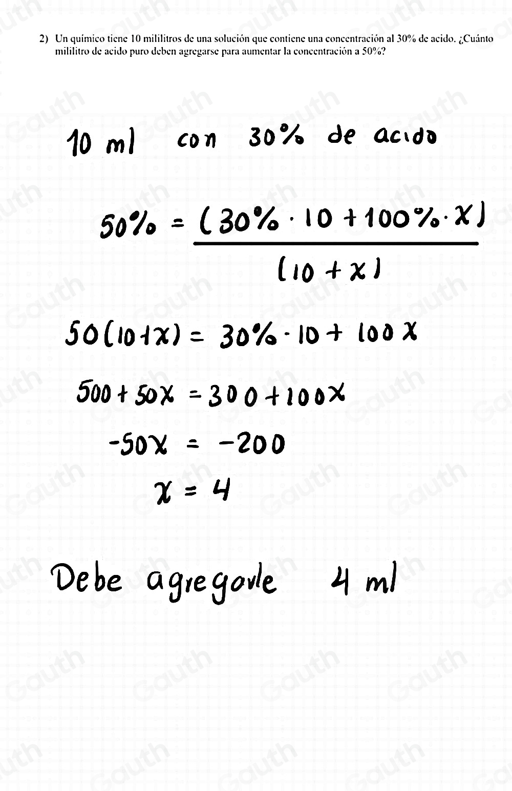 Solved: Un químico tiene 10 mililitros de una solución que contiene una ...