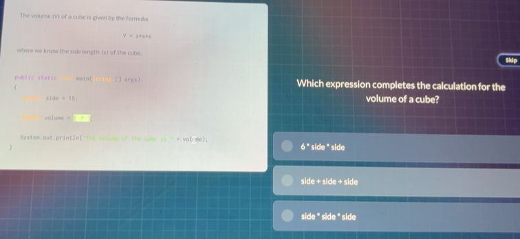 Gelöst:The volume (V) of a cube is given by the formula V=s*s+s where ...