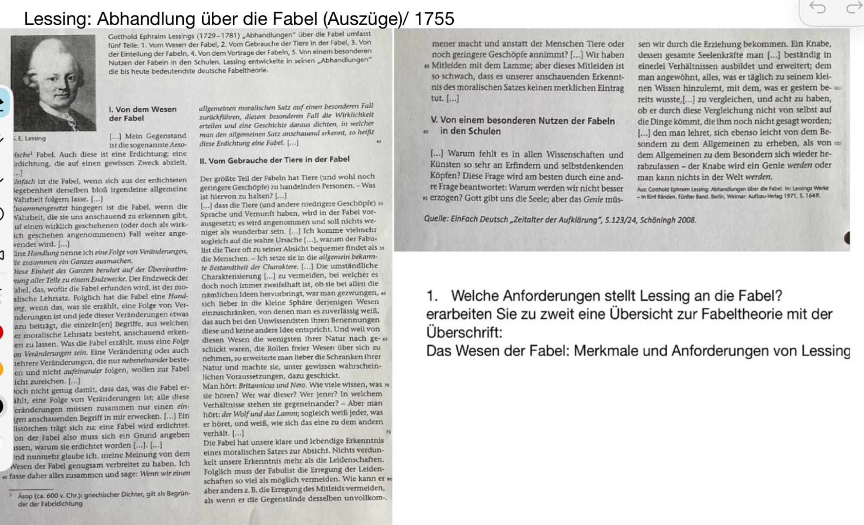 Gelöst:Lessing: Abhandlung über die Fabel (Auszüge)/ 1755 Gotthold ...