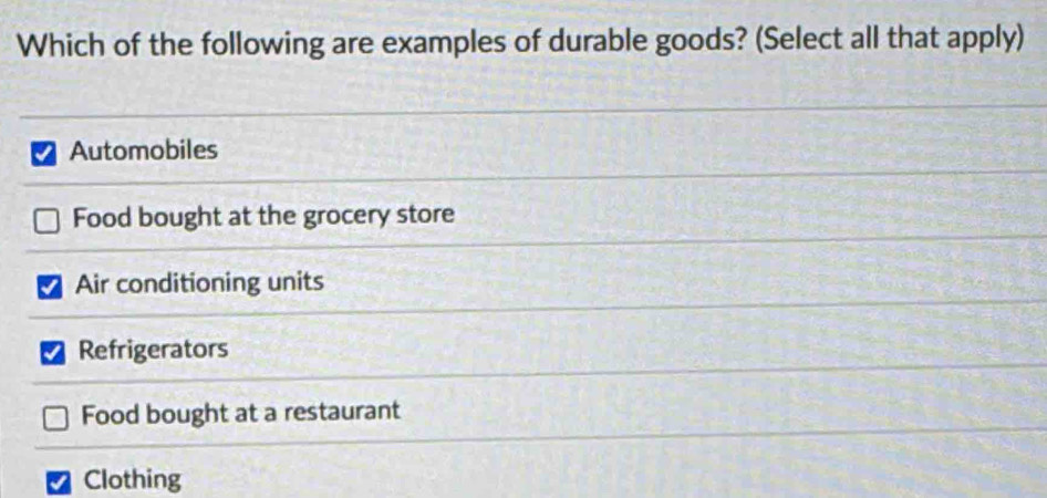 Solved: Which of the following are examples of durable goods? (Select ...