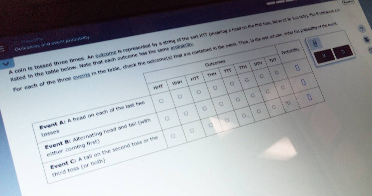 Solved: 7 (meaning a head on the first toss, followed by two tails ...