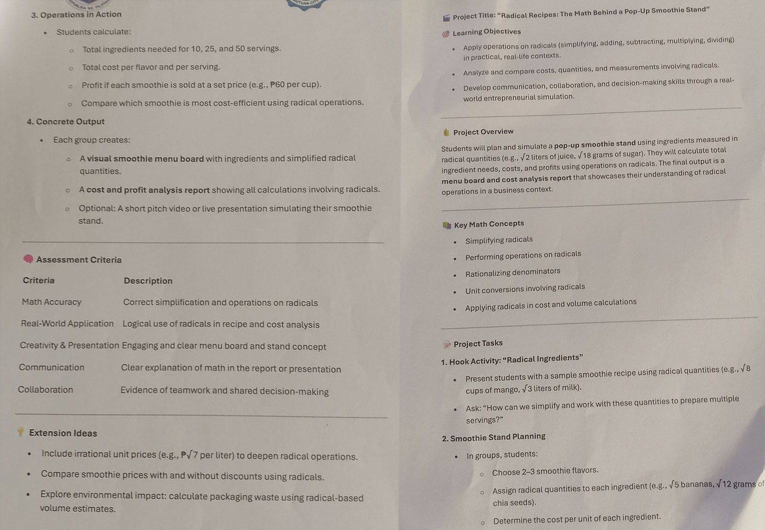 Solved: Operations in Action Project Title: “Radical Recipes: The Math ...