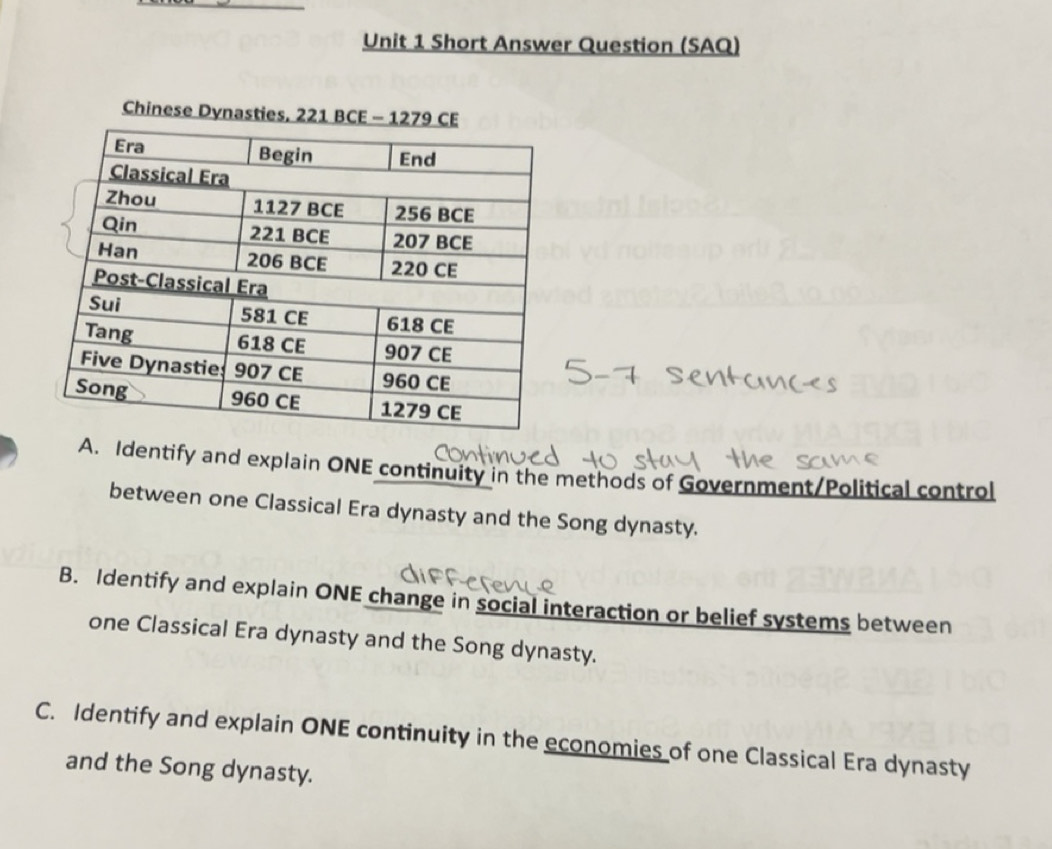 Solved: Short Answer Question (SAQ) Chinese Dynasties A. Identify and ...