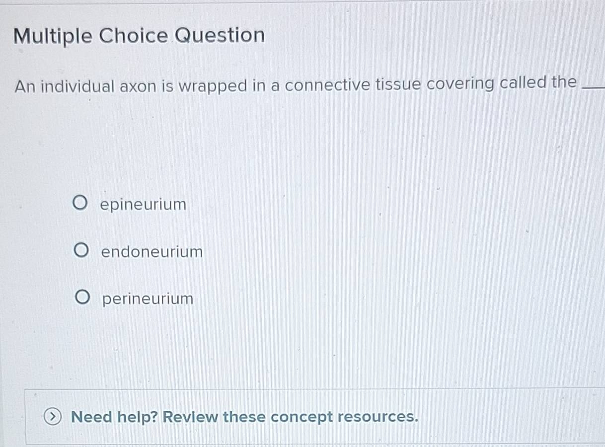 Solved: Question An individual axon is wrapped in a connective tissue ...