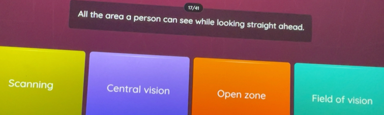 Solved: 17/41 All the area a person can see while looking straight ...
