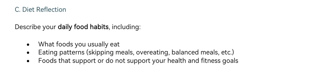 Solved: Diet Reflection Describe your daily food habits, including ...