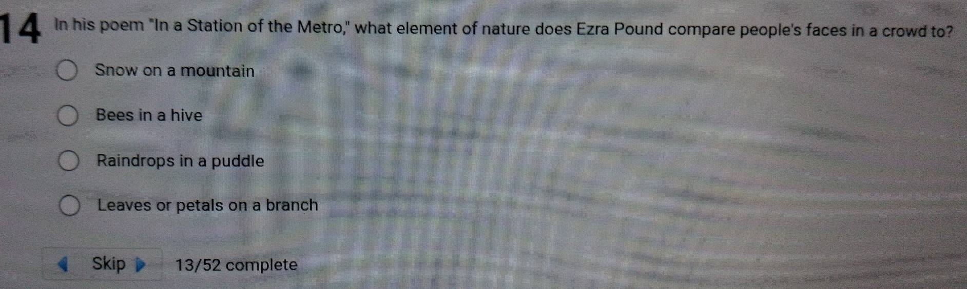 Solved: In his poem "In a Station of the Metro," what element of nature ...