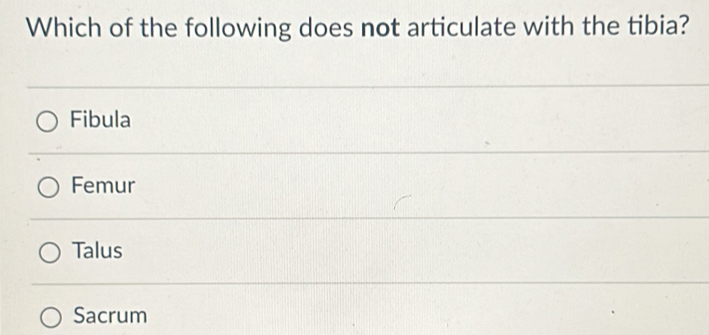 Solved: Which of the following does not articulate with the tibia ...