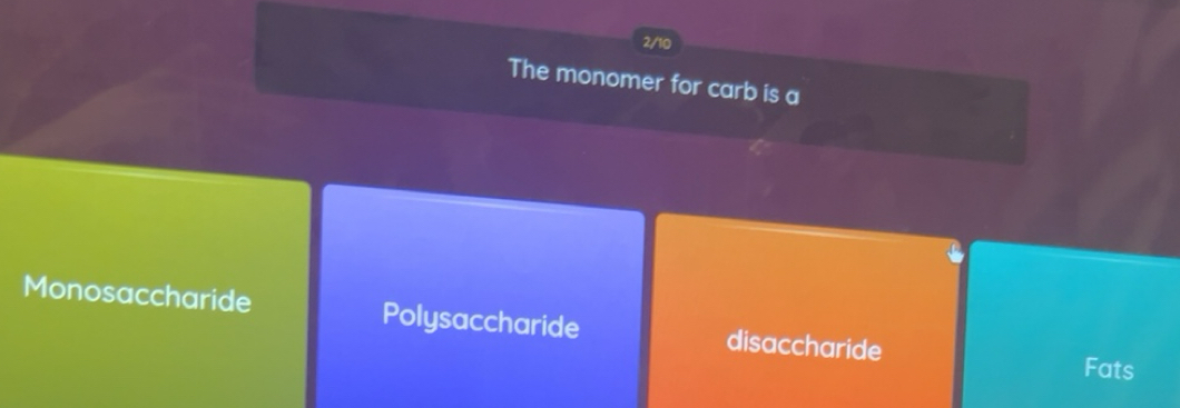 Solved: 2/10 The monomer for carb is a Monosaccharide Polysaccharide ...