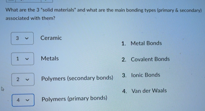 Solved: What are the 3 “solid materials” and what are the main bonding ...