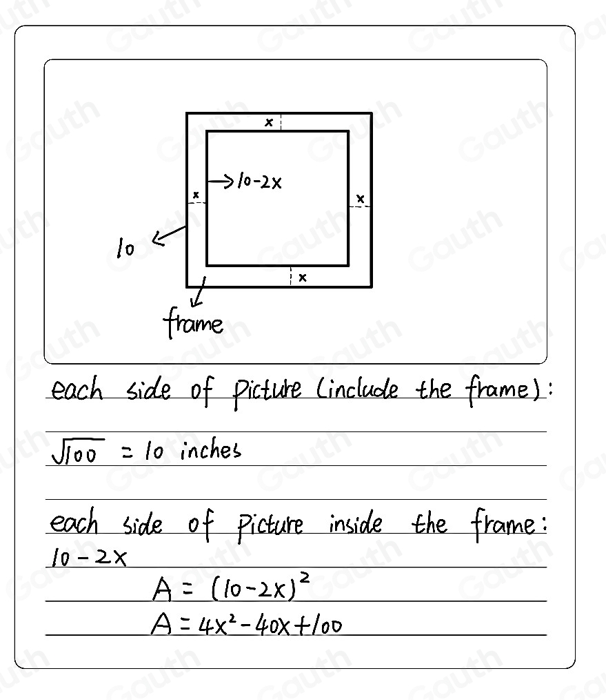 Solved: Alysha has a square picture with an area of 100 square inches ...