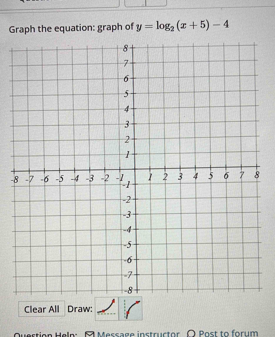 Solved: Graph the equation: graph of y=log _2(x+5)-4 - Clear All Draw ...
