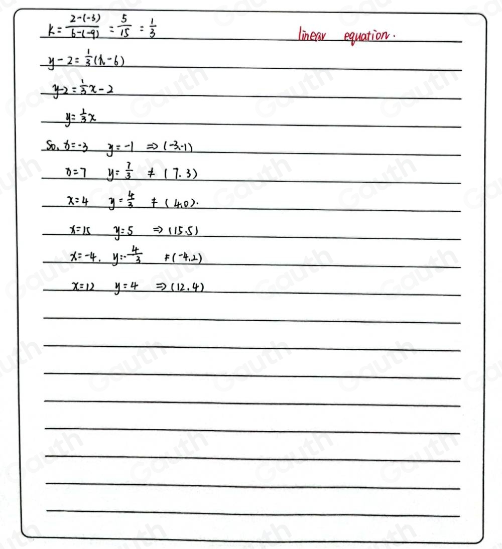 Solved: A line passes through the points (-9,-3) and (6,2). Which ...