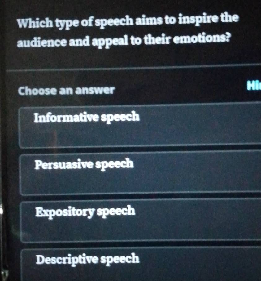 Solved: Which type of speech aims to inspire the audience and appeal to ...