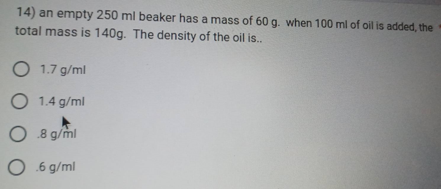 Solved: an empty 250 ml beaker has a mass of 60 g. when 100 ml of oil ...
