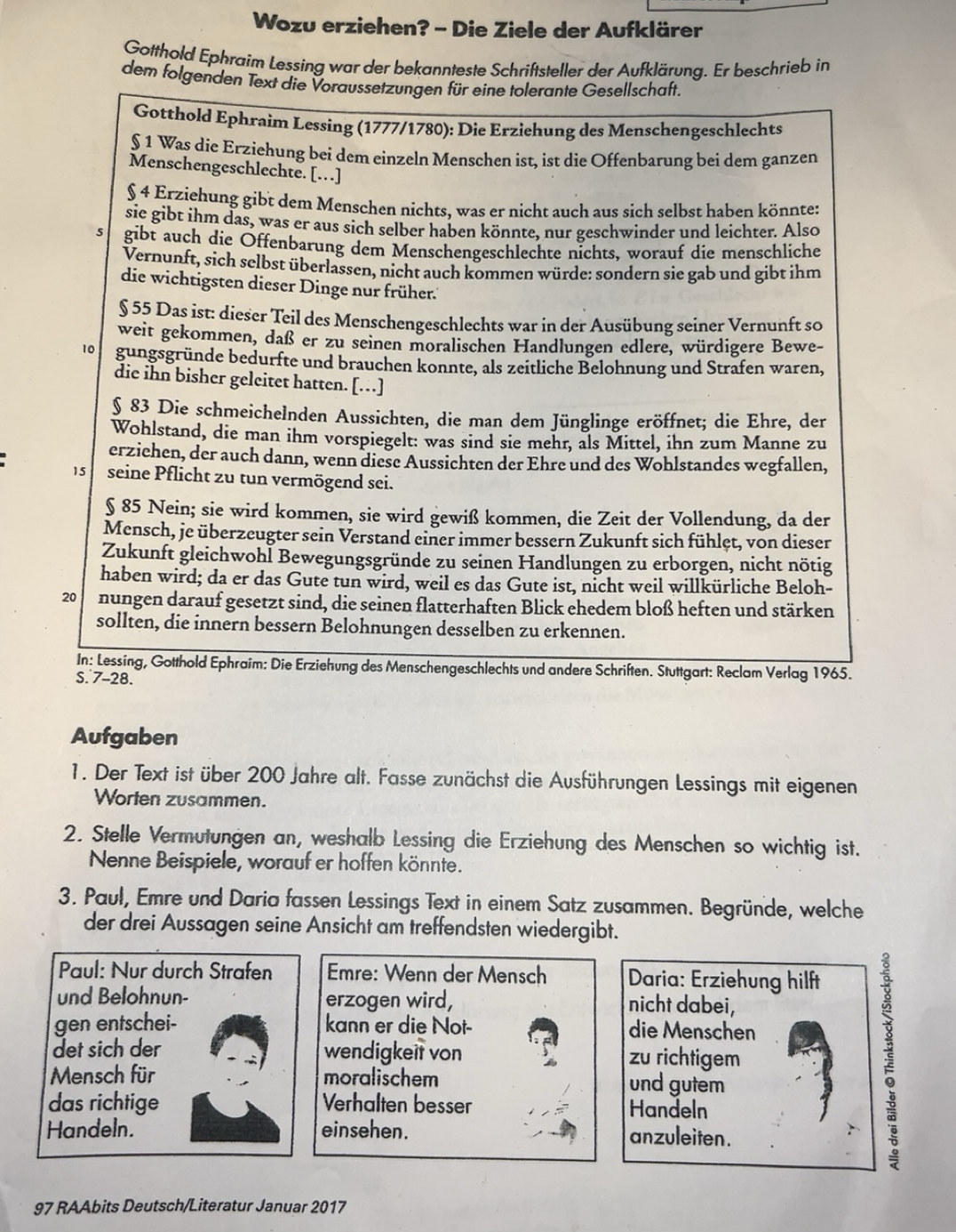 Gelöst:Wozu erziehen? - Die Ziele der Aufklärer Gotthold Ephraim ...