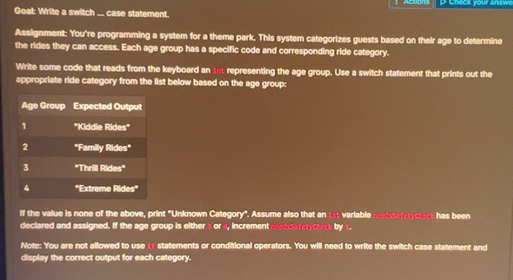 Solved: Acuons l> Check your answe Goal: Write a switch ... case ...