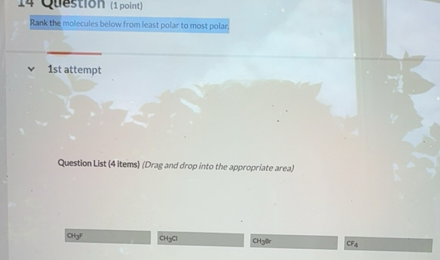 Solved: Question (1 point) Rank the molecules below from least polar to most polar. 1st attempt ...