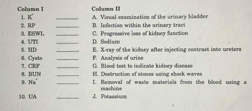 Solved: Column I Column II 1. K^+ _A. Visual examination of the urinary ...