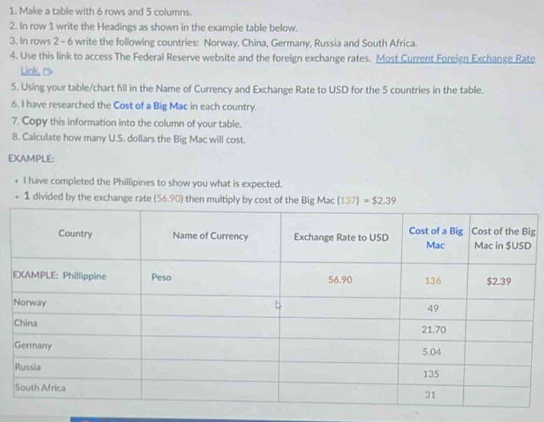 Solved: Make a table with 6 rows and 5 columns. 2. In row 1 write the ...