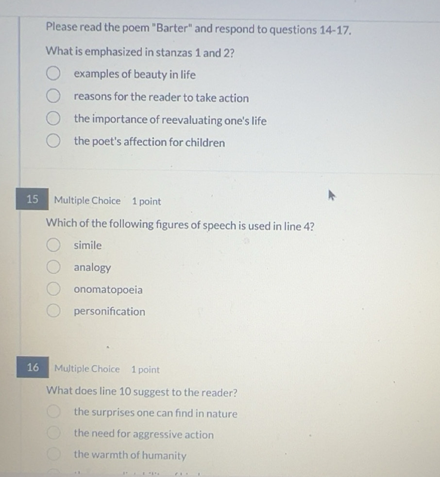 Solved: Please read the poem "Barter" and respond to questions 14-17 ...