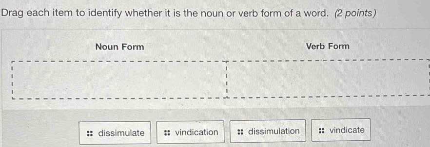Solved: Drag each item to identify whether it is the noun or verb form ...
