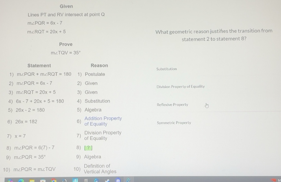 Solved: Given Lines PT and RV intersect at point Q m∠ PQR=6x-7 m∠ RQT ...
