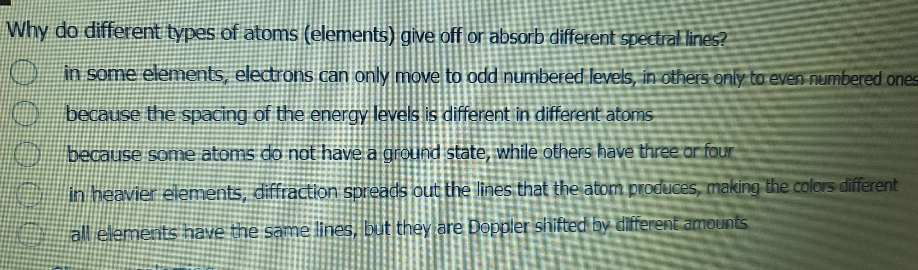 Solved: Why do different types of atoms (elements) give off or absorb ...