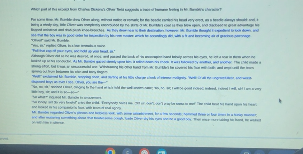 Solved: Which part of this excerpt from Charles Dickens's Oliver Twist ...