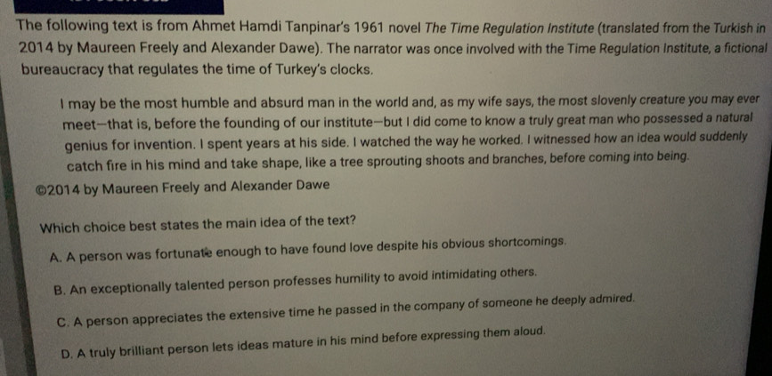Solved: The following text is from Ahmet Hamdi Tanpinar's 1961 novel ...