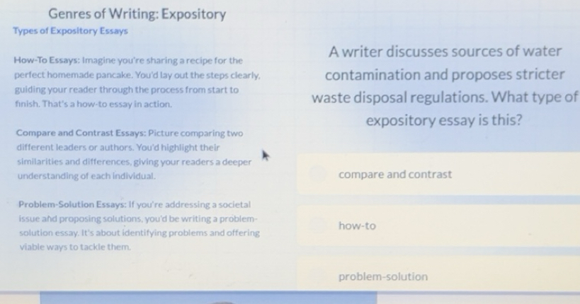 Solved: Genres of Writing: Expository Types of Expository Essays A ...