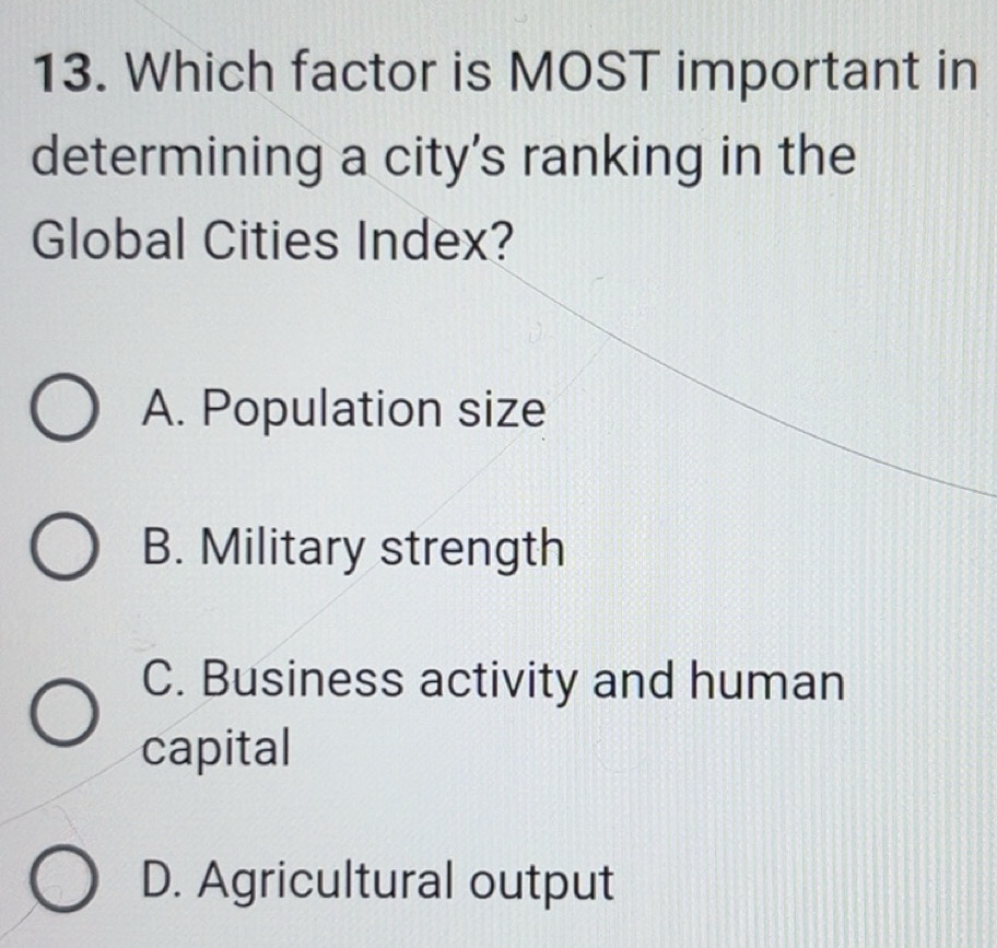 Solved: Which factor is MOST important in determining a city's ranking ...